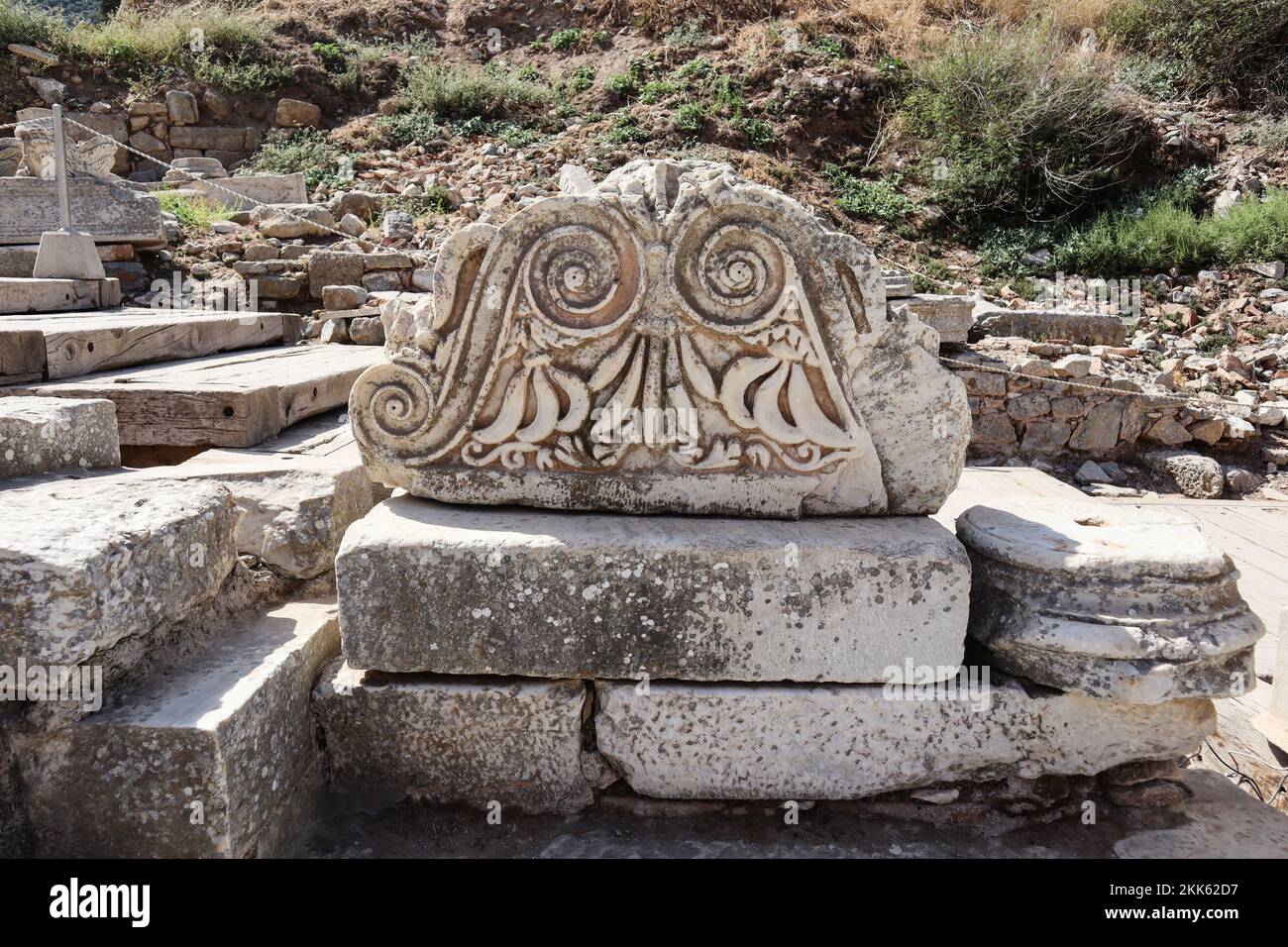 Ancient patterns detail reliefs over the column at Ephesus, Selcuk ...