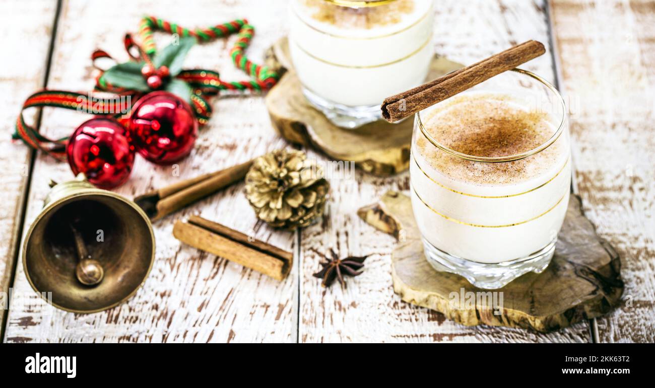 winter drink made with eggs, liqueur and cinnamon, called eggnog ...