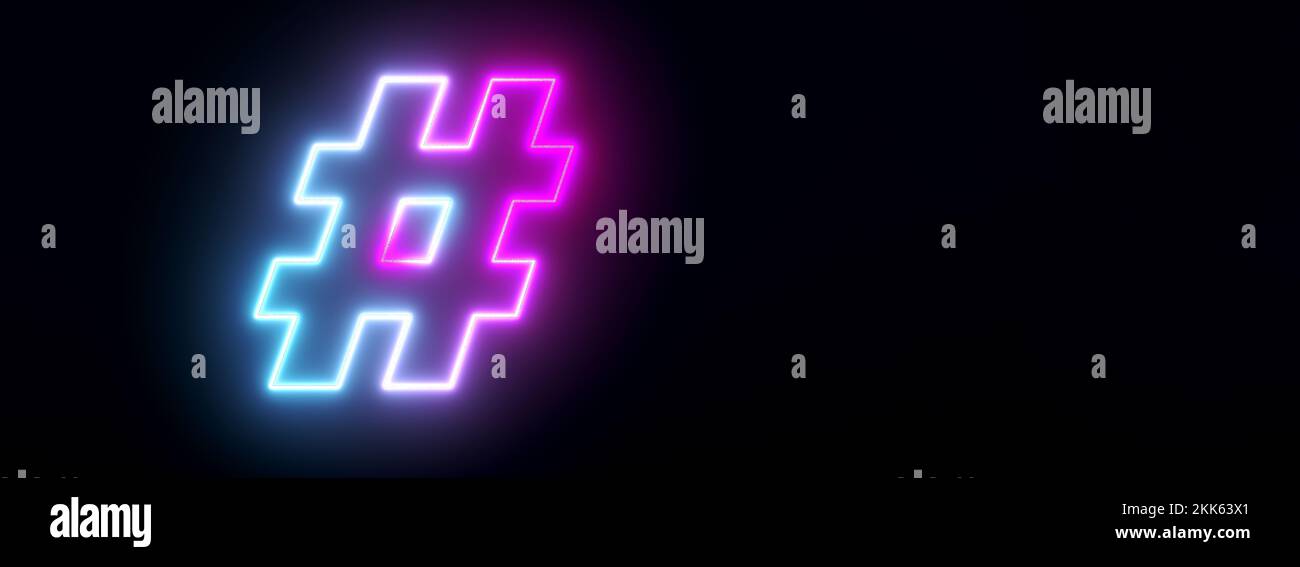 neon hashtag, 3d render, panoramic layout Stock Photo - Alamy