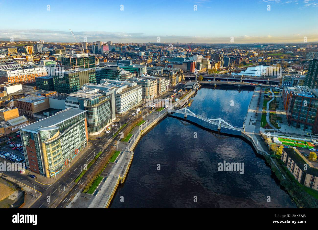Aerial view from drone of River Clyde and skyline of Glasgow city ...