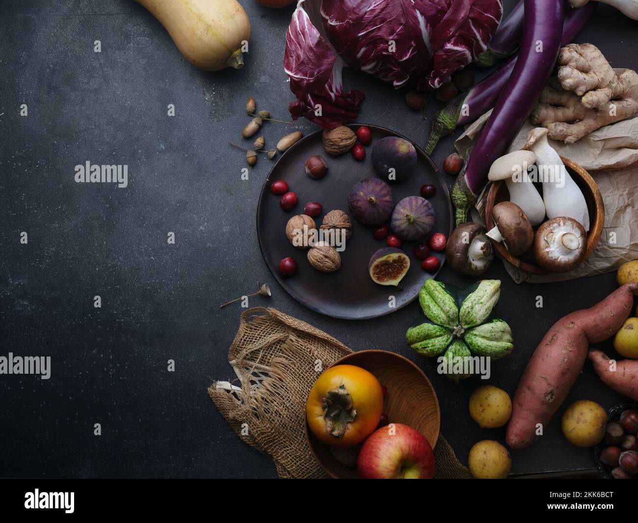 Top view seasonal groceries, healthy vegetarian ingredients for cooking ...