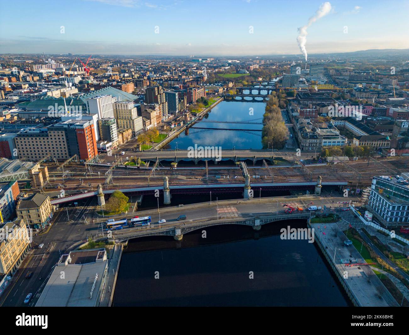 Aerial view from drone of bridges crossing River Clyde and skyline of ...
