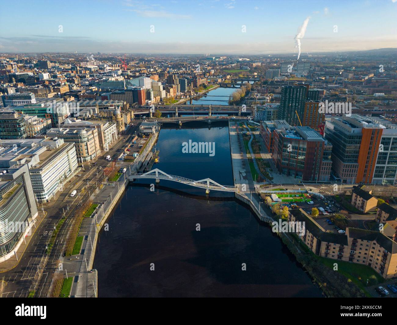 Aerial view from drone of River Clyde and skyline of Glasgow city ...