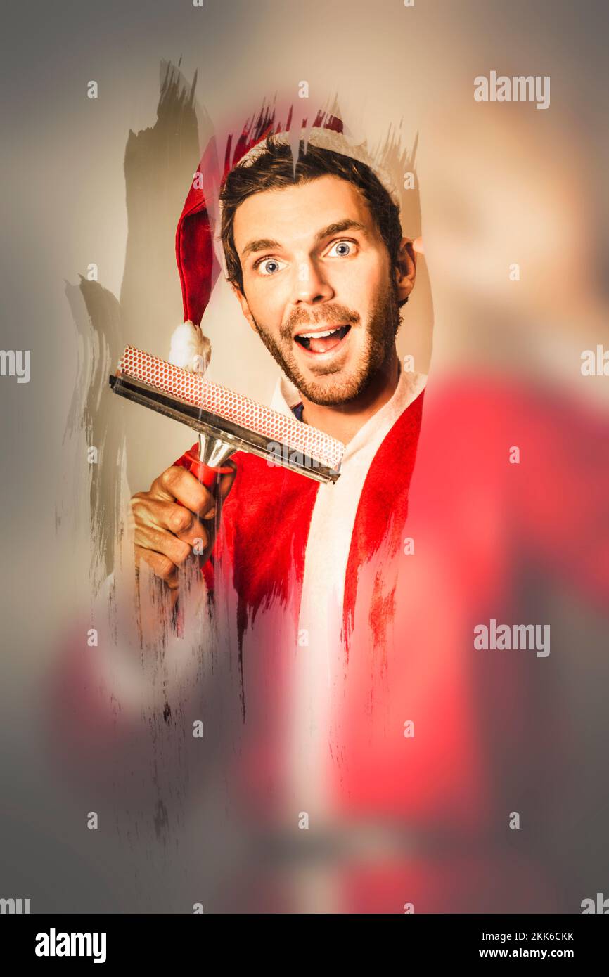 Christmas elf cleaning window frost at north pole with happy expression ...