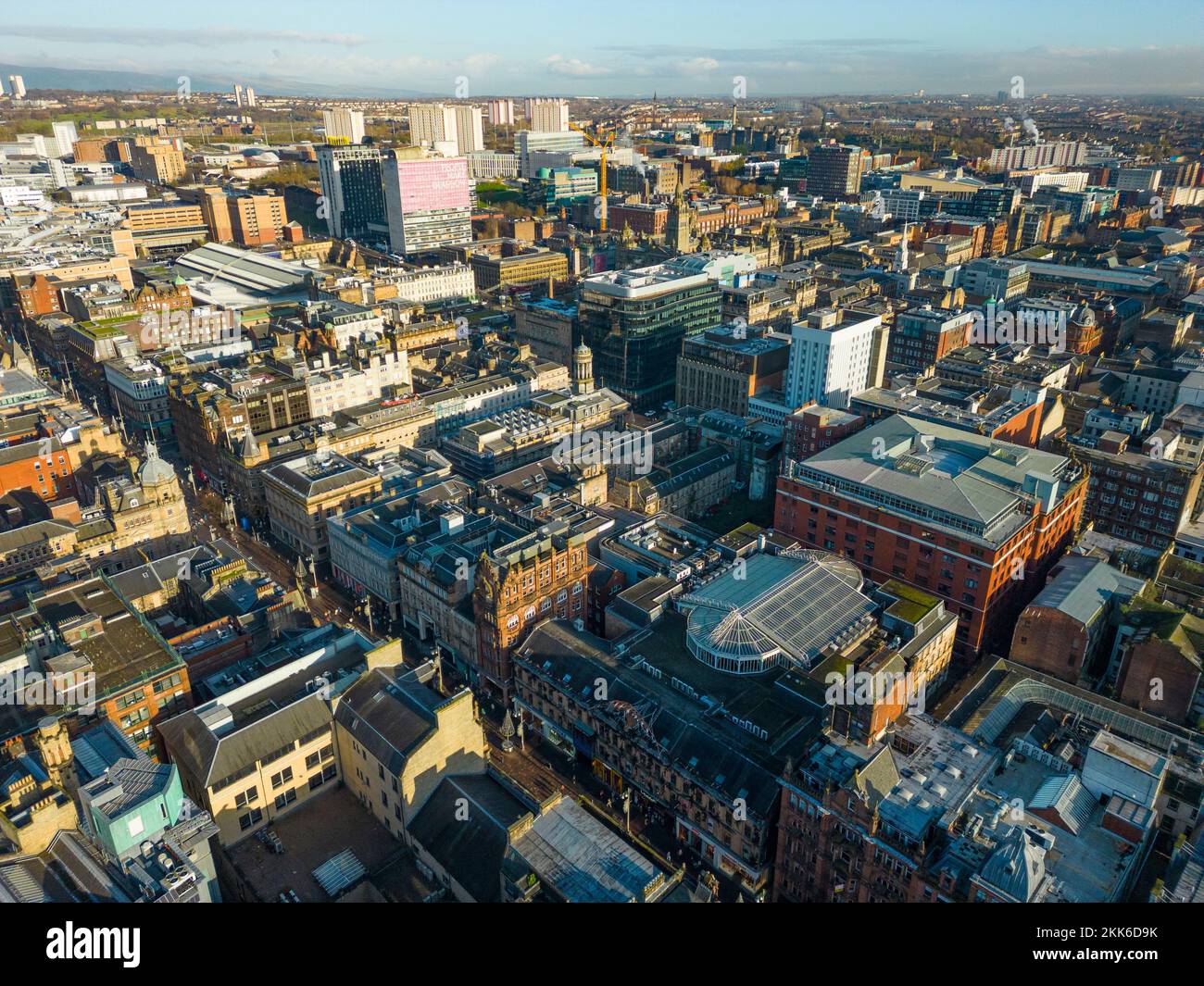 Aerial view from drone of skyline of Glasgow city centre, Scotland UK ...