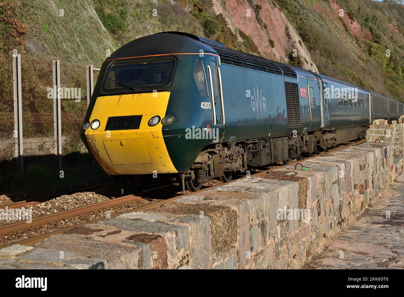Intercity125 high speed train travelling along the seawall at Sprey ...