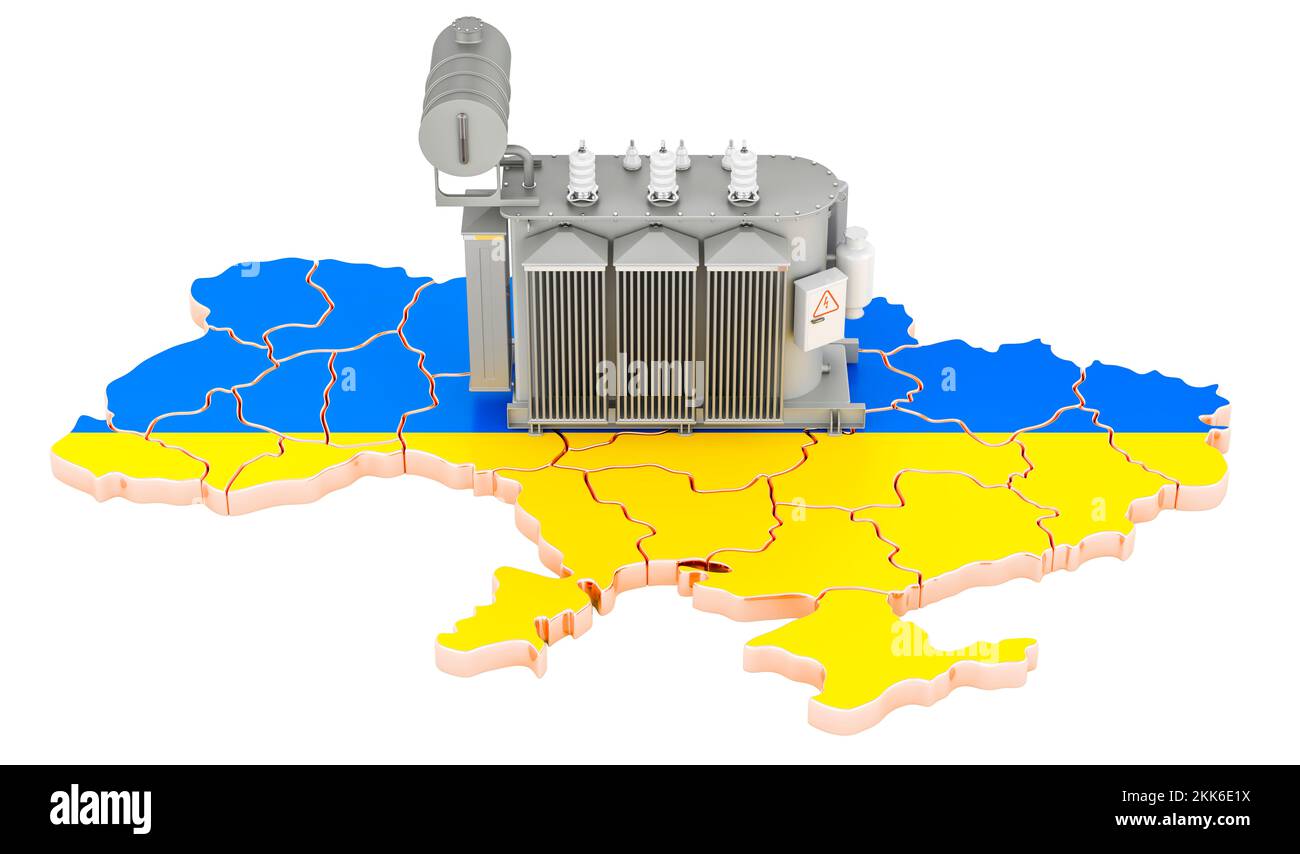 Electrical substations on Ukrainian map. 3D rendering isolated on white ...