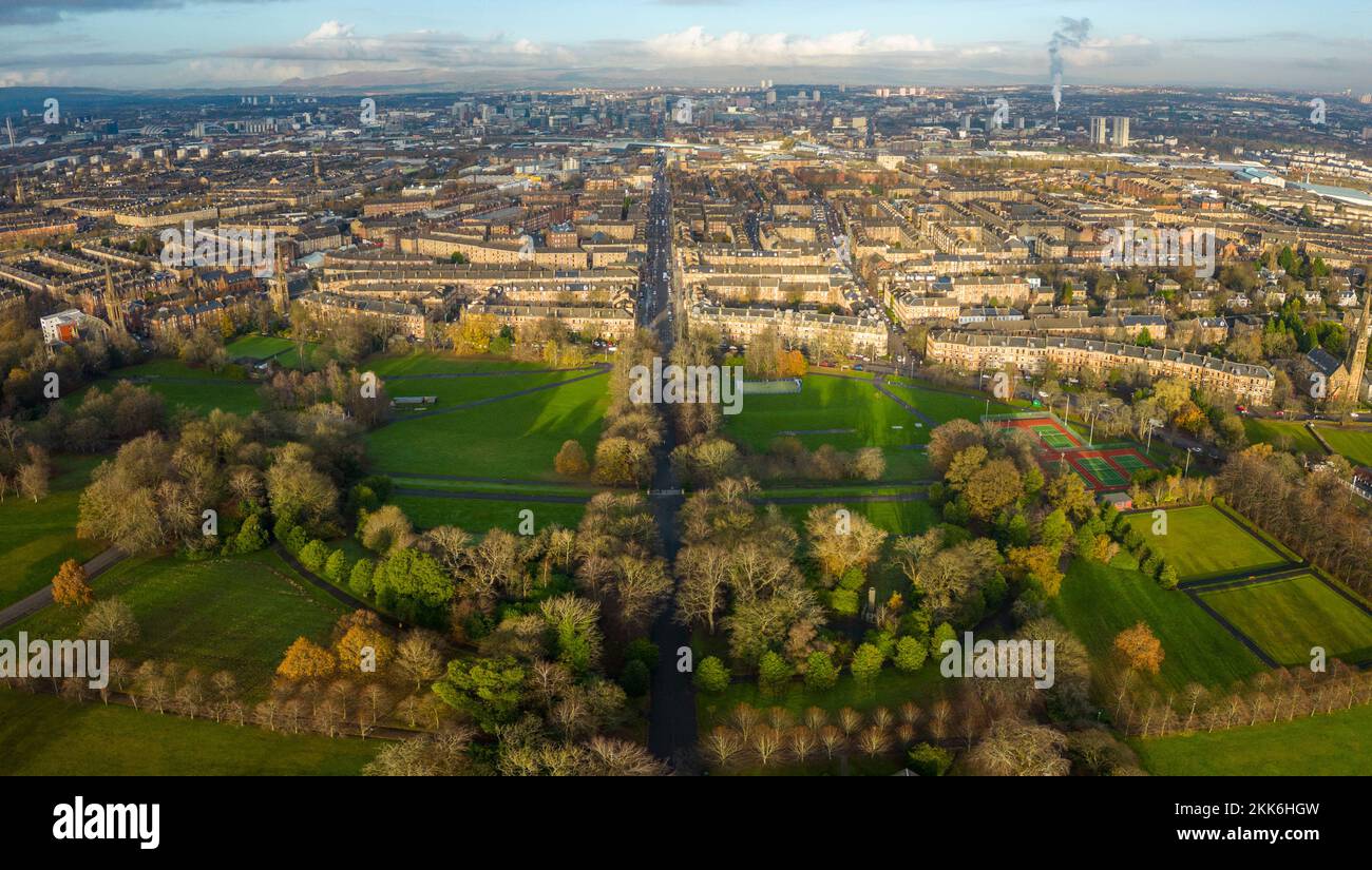 Aerial view from drone of Queens Park and Govanhill neighbourhood in ...