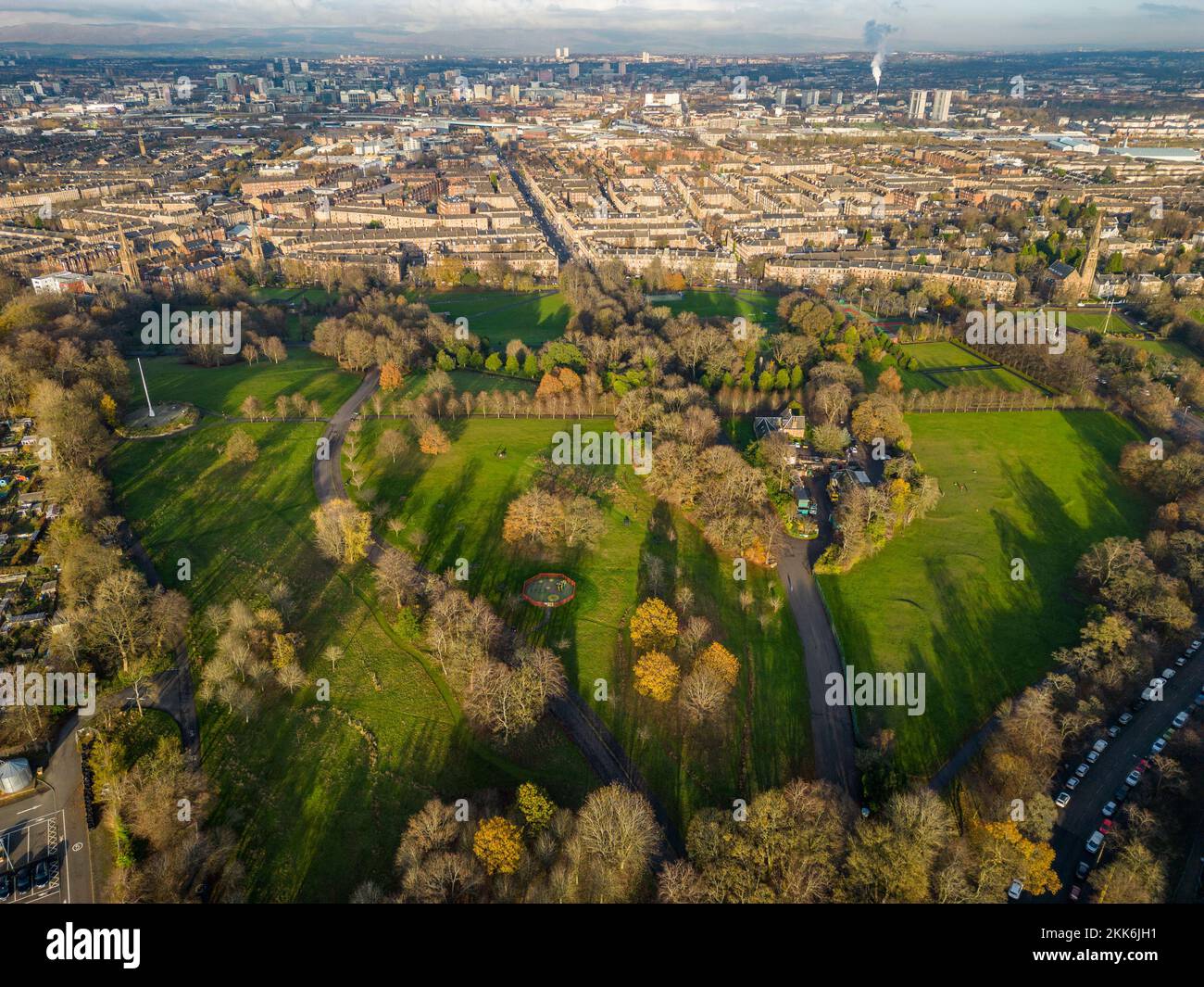 Aerial view from drone of Queens Park and Govanhill neighbourhood in ...