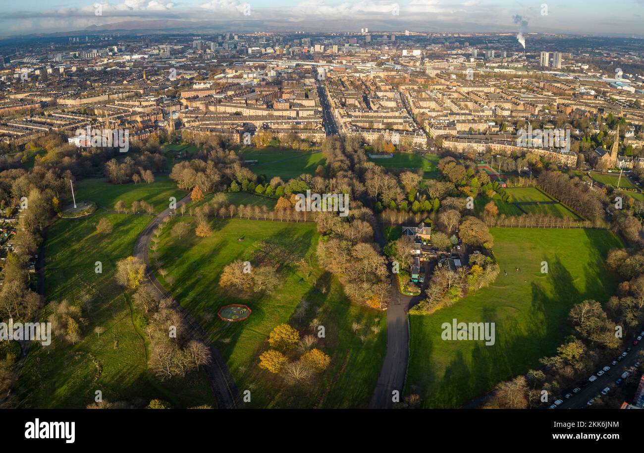 Aerial view from drone of Queens Park and Govanhill neighbourhood in ...