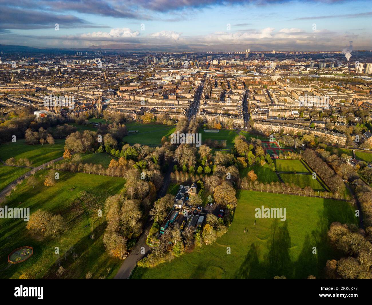 Aerial view from drone of Queens Park and Govanhill neighbourhood in ...
