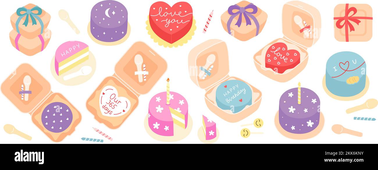 Big set desserts bento cakes in a package with celebration candle and ...