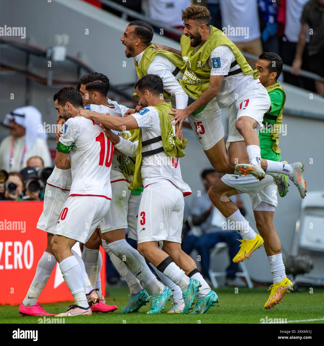 Qatar. 25th Nov, 2022. The Iranian football team celebrates scoring ...