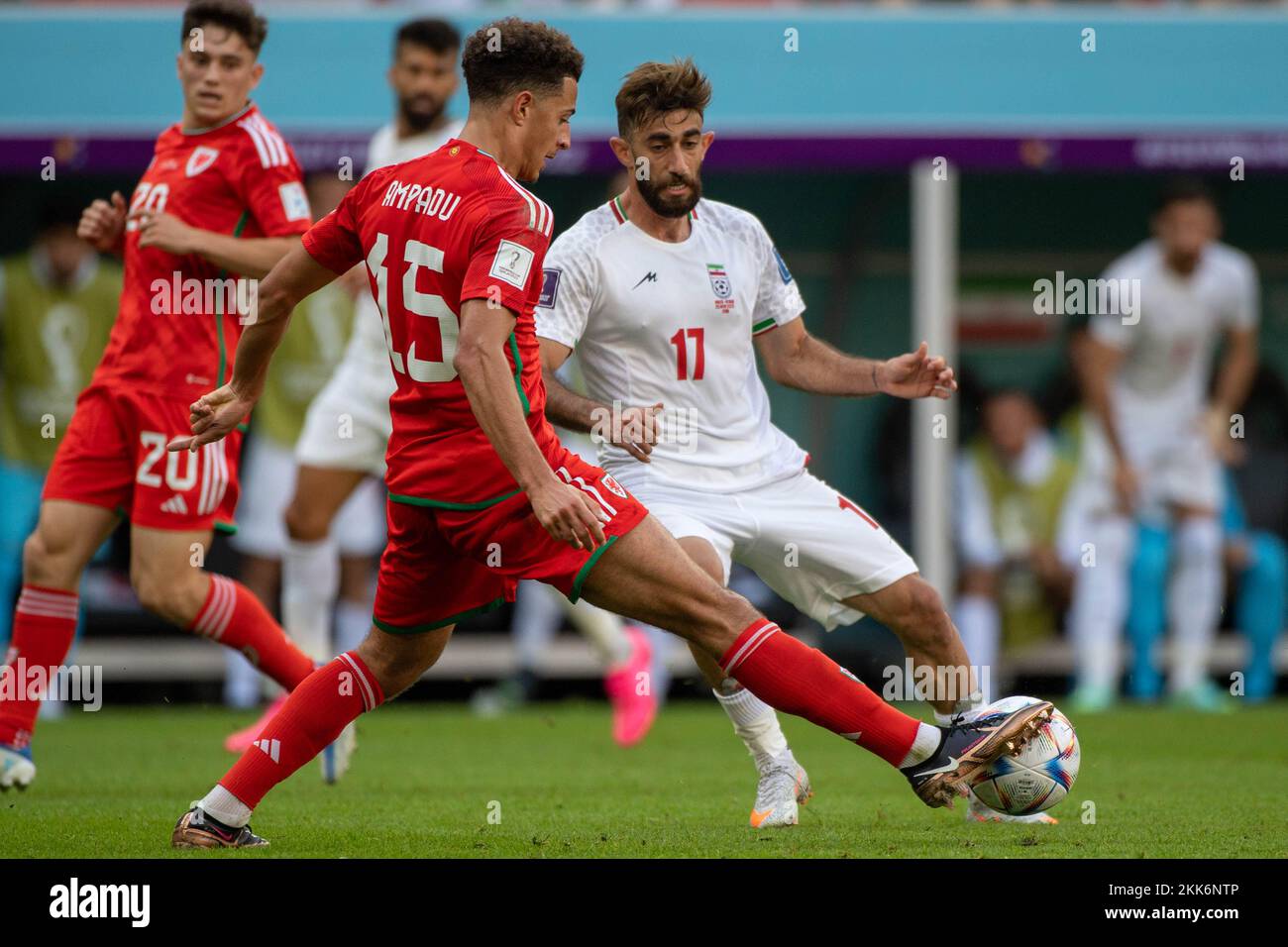 Qatar. 25th Nov, 2022. Ali GHOLIZADEH of Iran and Ethan AMPADU of Wales ...