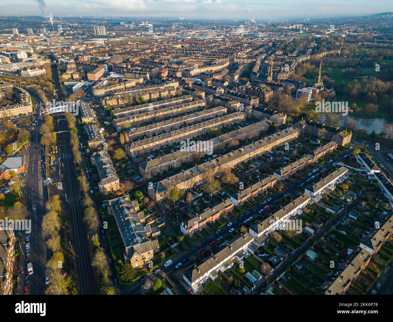 Aerial view from drone of terraced housing in Strathbungo neighbourhood ...