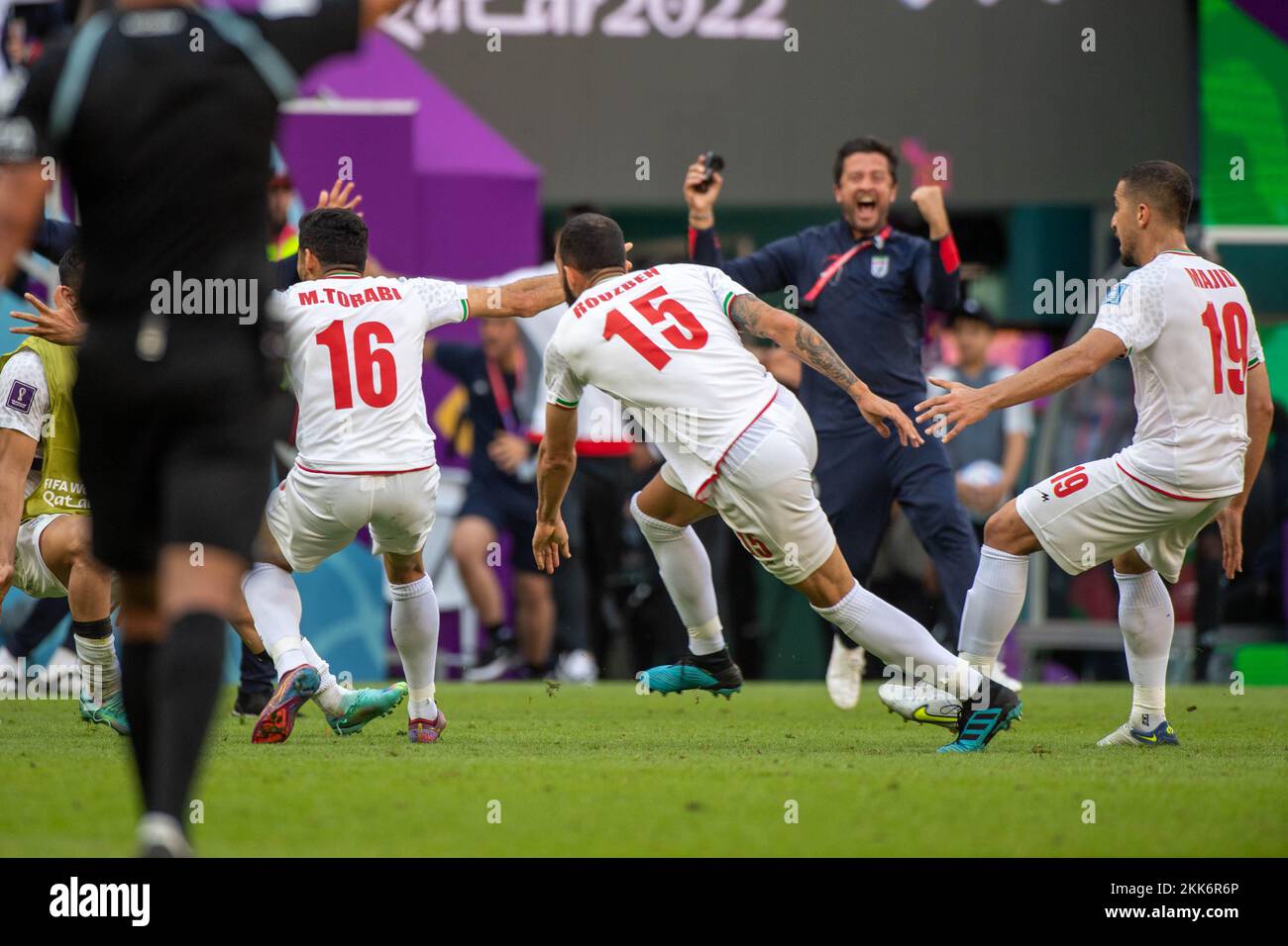 Qatar. 25th Nov, 2022. Roozbeh CHESHMI of Iran celebrates scoring ...