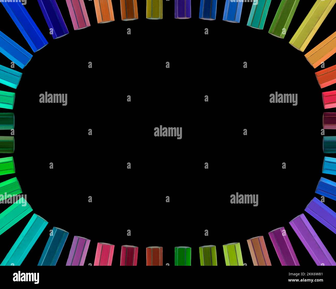 a frame made by colorful eraser in shaped pencil on black background ...