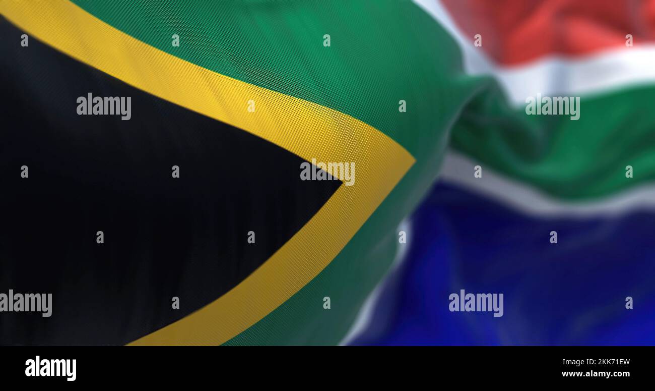 Close-up view of the South Africa national flag waving in the wind. The ...