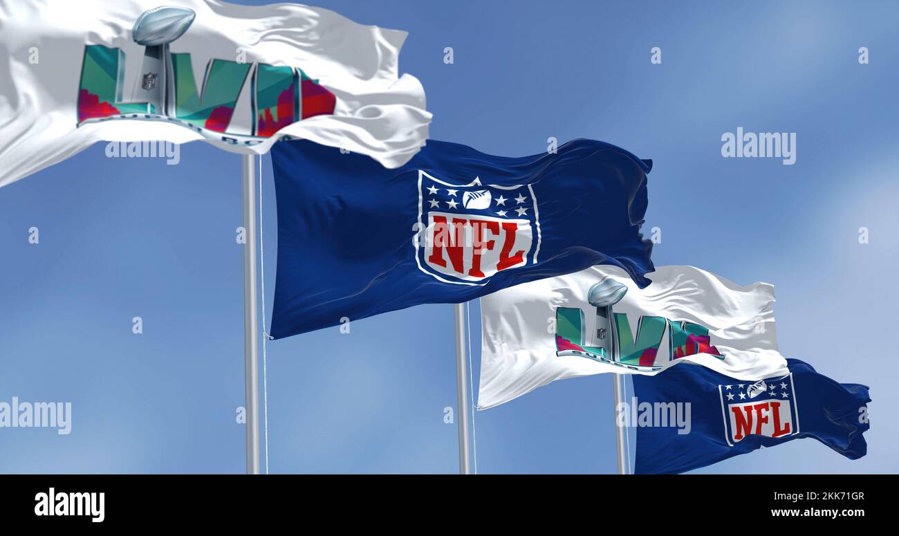 Glendale, US, Nov 2022: Flags of he 57th Super Bowl and NFL waving in ...