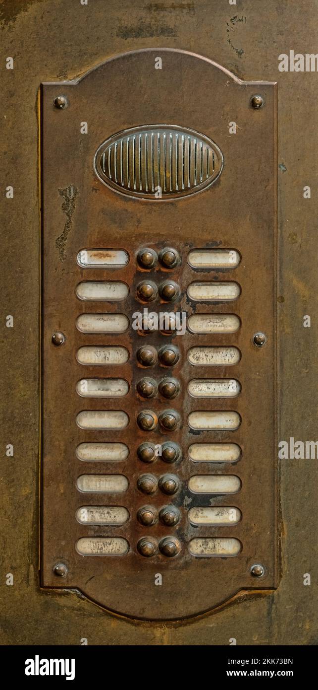 Old vintage door bell with intercom Stock Photo - Alamy