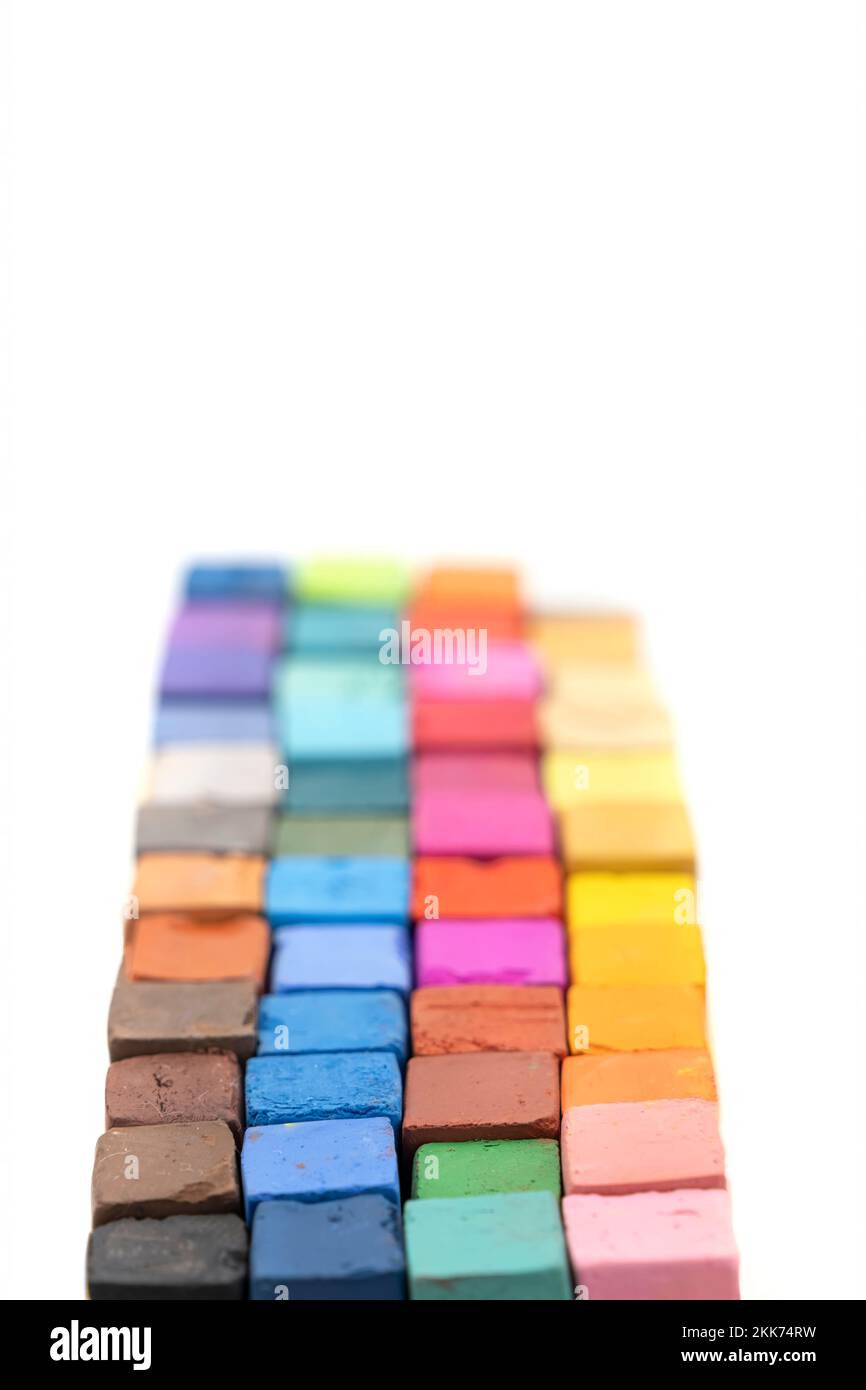 Square colorful pastel chalks closeup, low level angle Stock Photo - Alamy