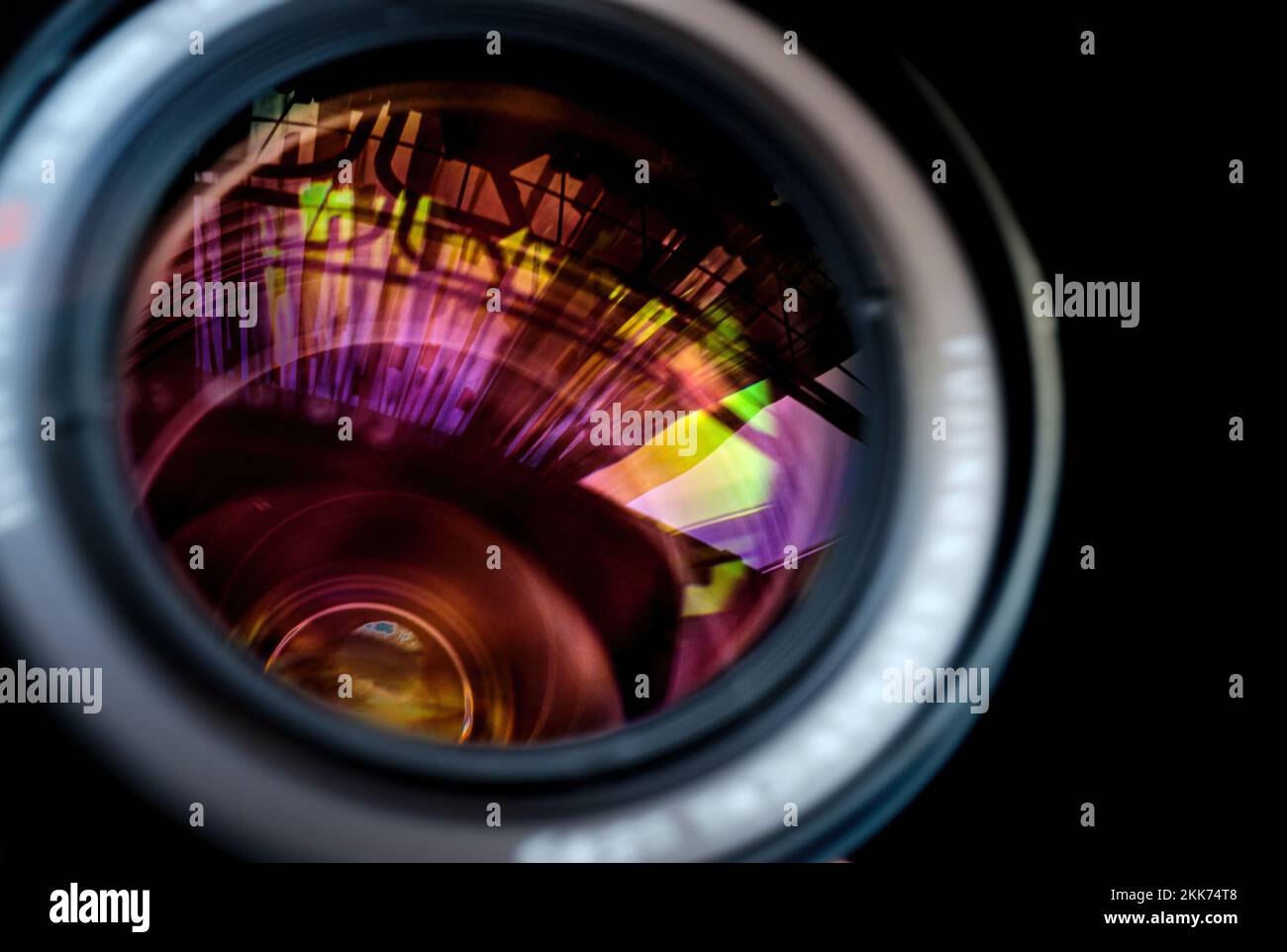 reflections in Photo Camera lens, isolated on black background Stock ...