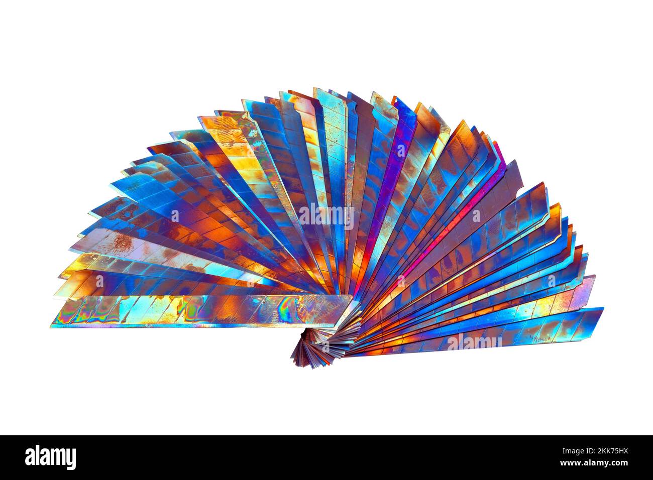 utility knife blades, heated in the fire arranged in the form of fan on ...