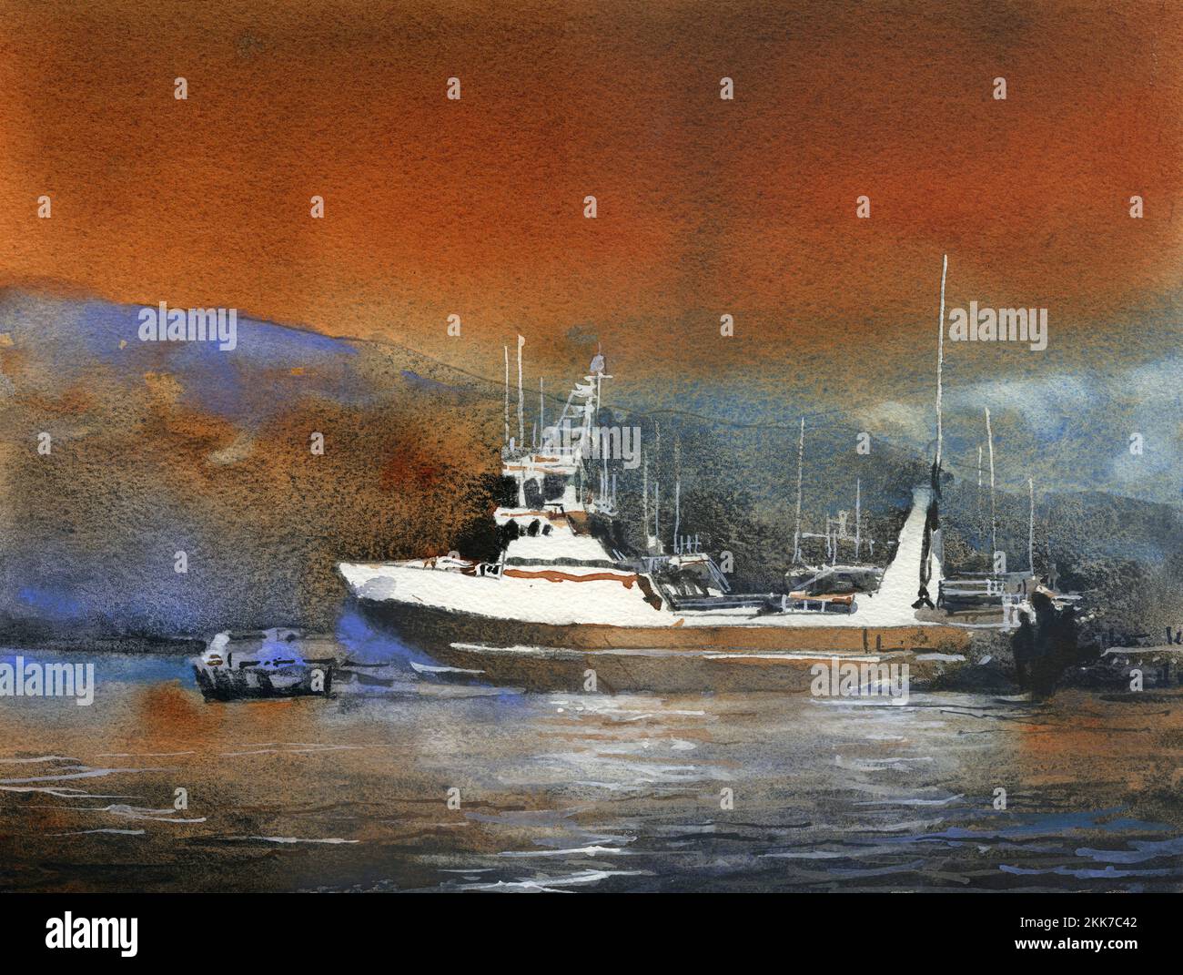 Fishing boat Iceland artwork. Fishing boat in Dalvik Iceland at sunset ...