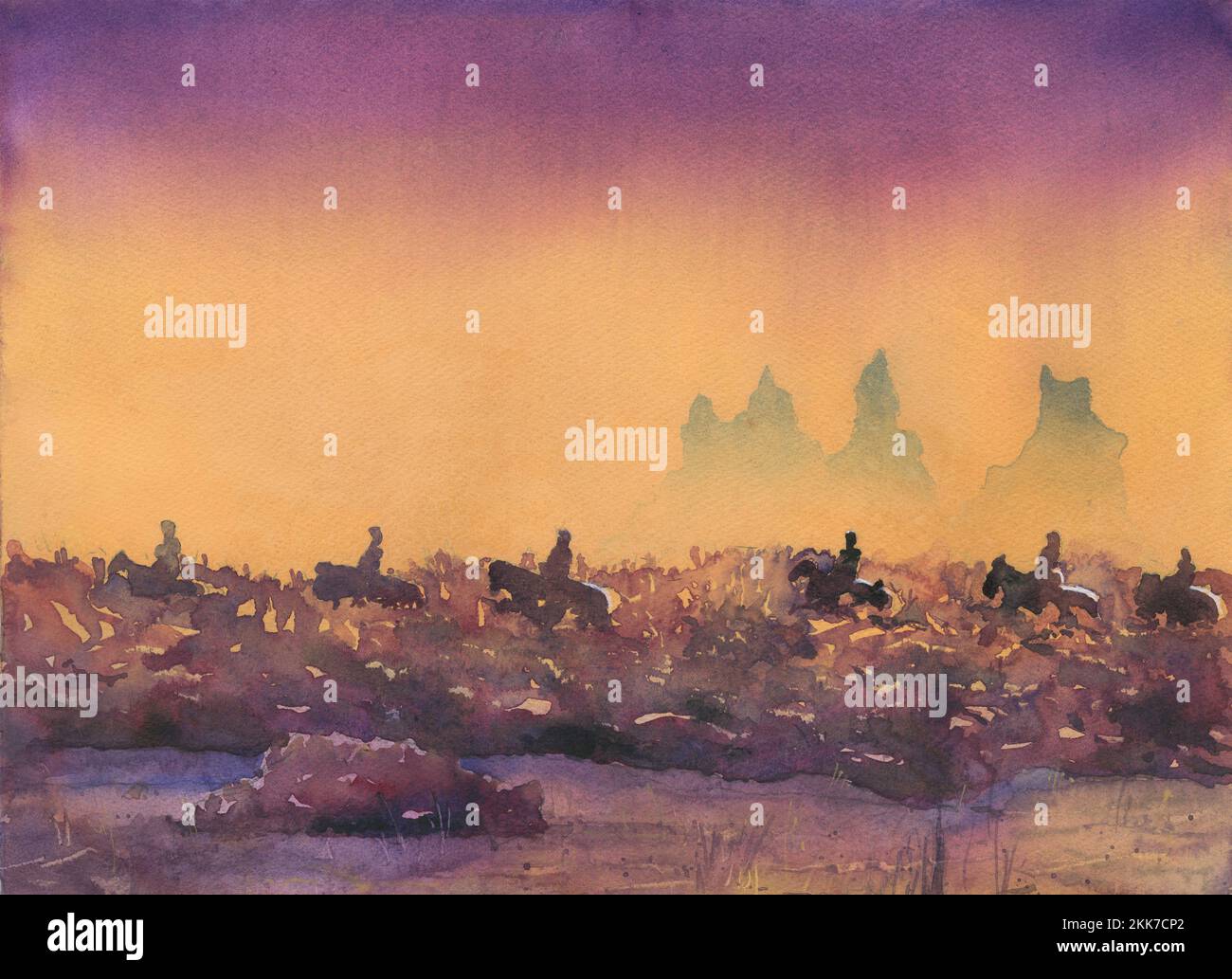 Icelandic Coast Artwork. Watercolor painting riders on horses and rocky ...