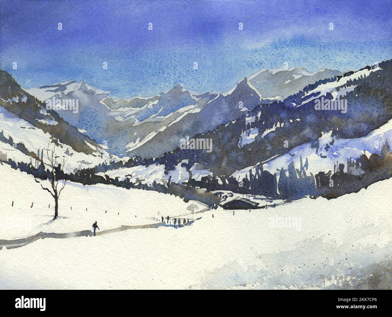 Swiss Alps watercolor landscape painting. Watercolor of snow covered ...