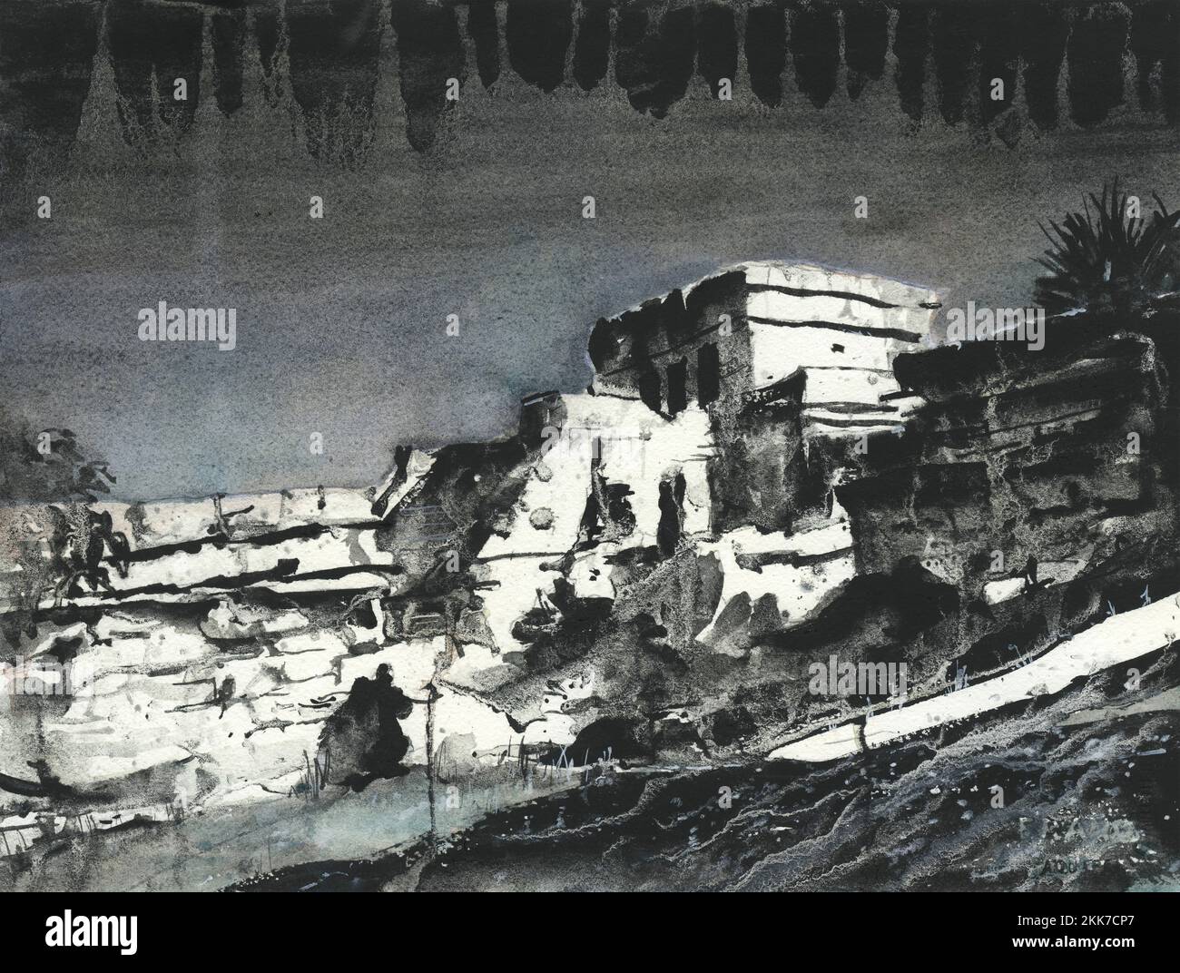 Mayan ruins at beach of Tulum in Mexico. Watercolor painting of Mayan ...