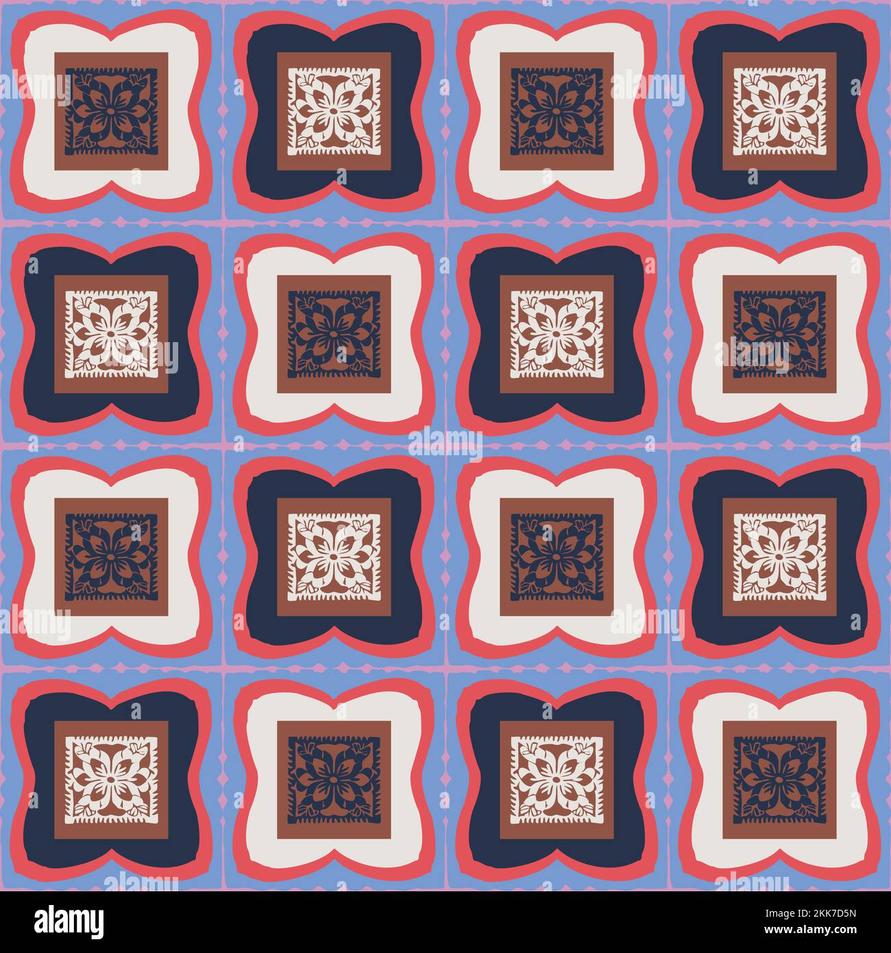 Hand drawn retro block print seamless pattern. Vector 80s vintage ...