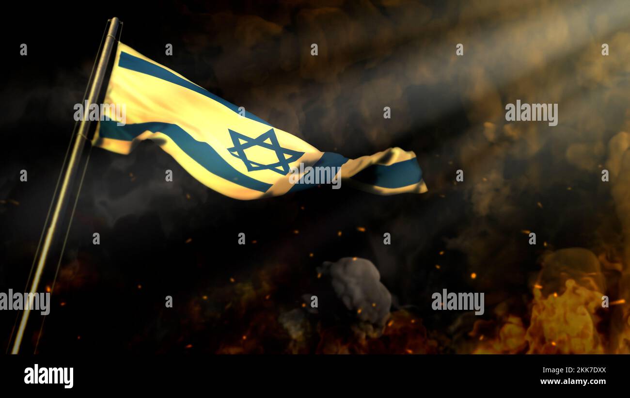 defocused Israel flag on smoke with sun rays background - disaster ...