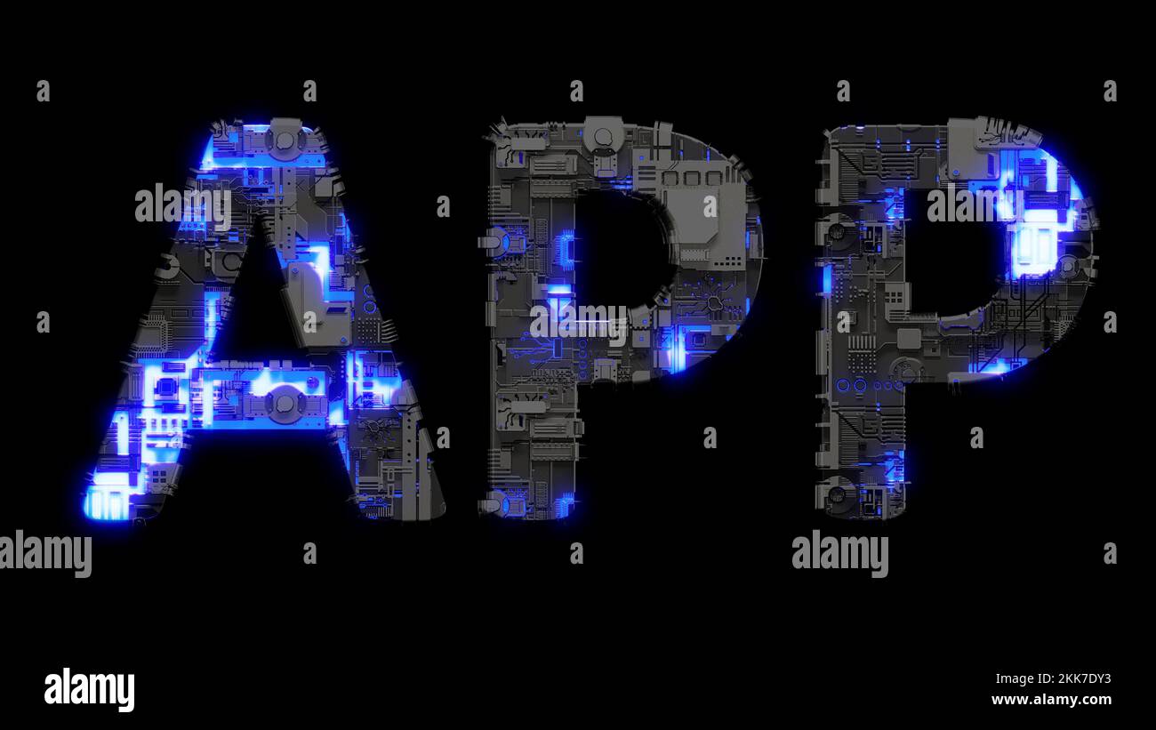 modern cybernetic text APP shining blue electrical light, isolated ...