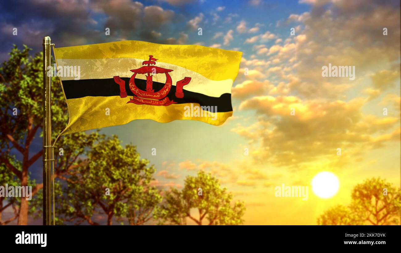 waving flag of Brunei Darussalam at sunset for national celebration ...