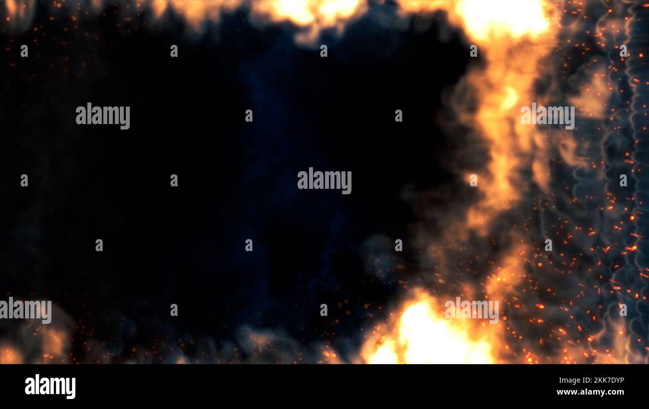 Side content frame of blue smoke with fire - abstract 3D illustration ...