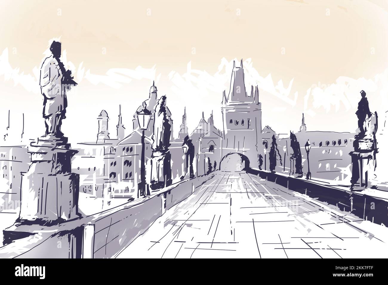 Unique travel drawing of the statuette that line the walk of Lesser ...