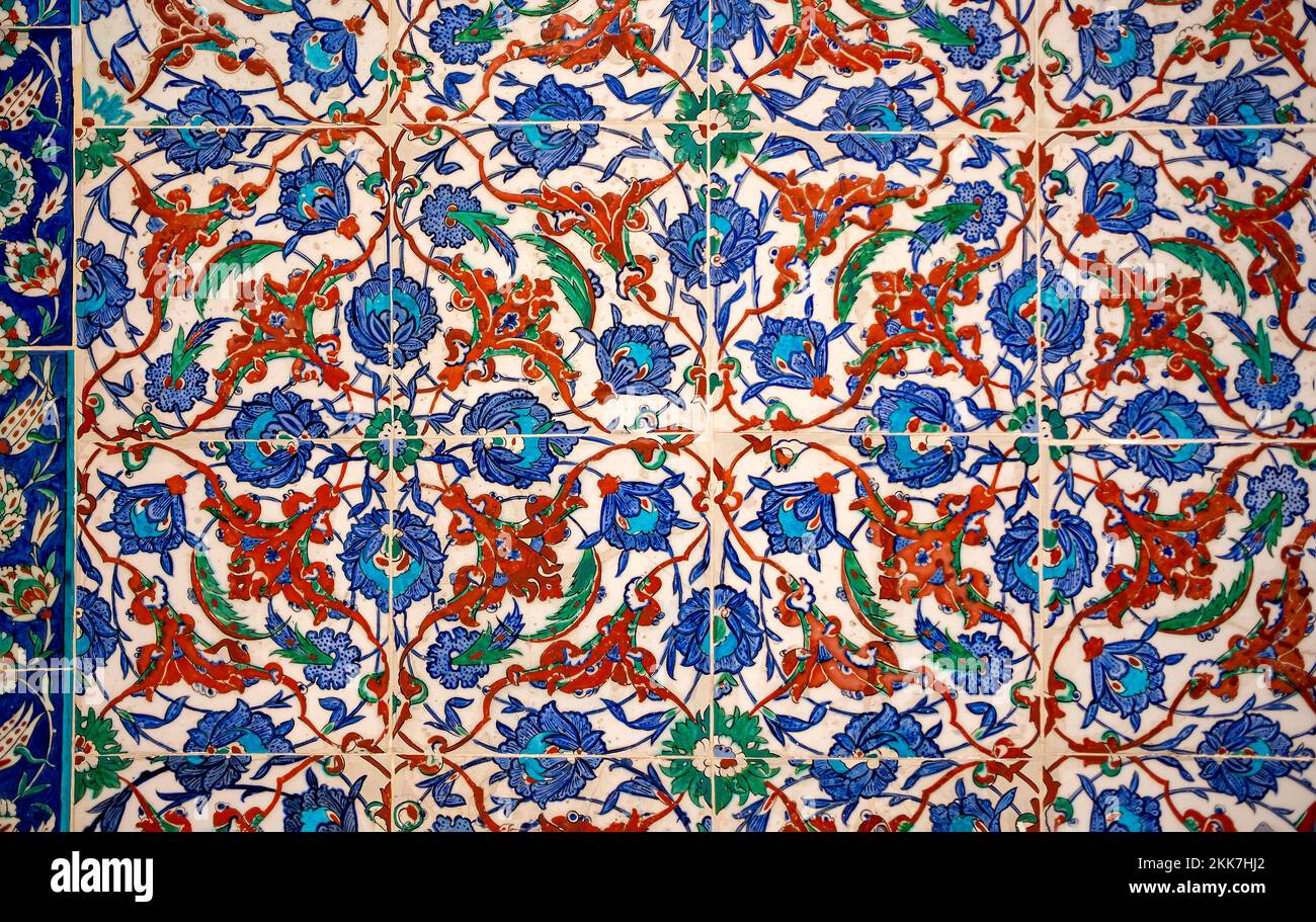 Seamless pattern white Turkish tiles with blue ornaments. Old surface ...