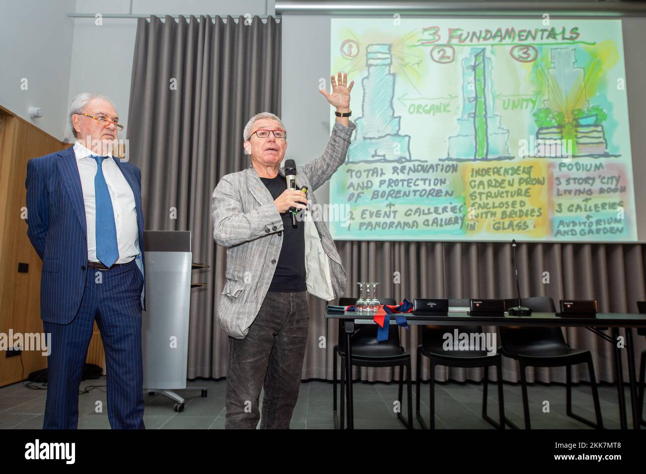 Katoen Natie CEO Fernand Huts and Architect Daniel Libeskind pictured ...