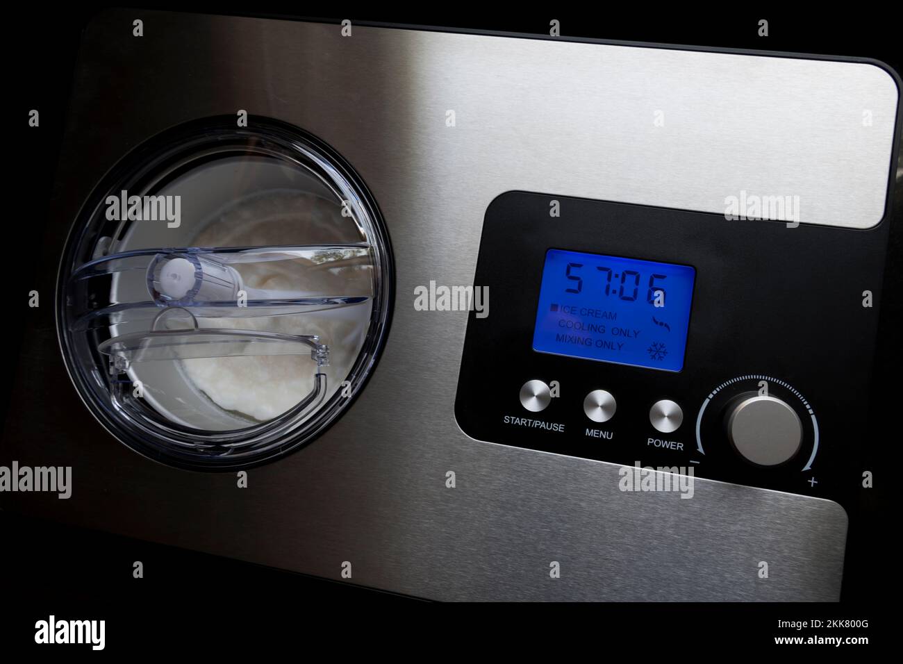 Top view of Ice Cream and Sorbet Maker with vanilla ice cream and the ...