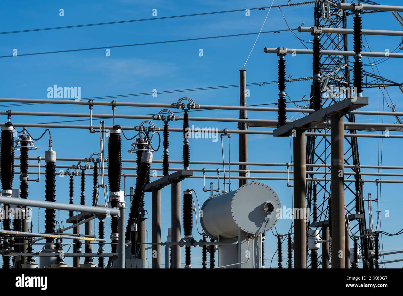 Dangerous high voltage electrical power substation with electric pylon ...