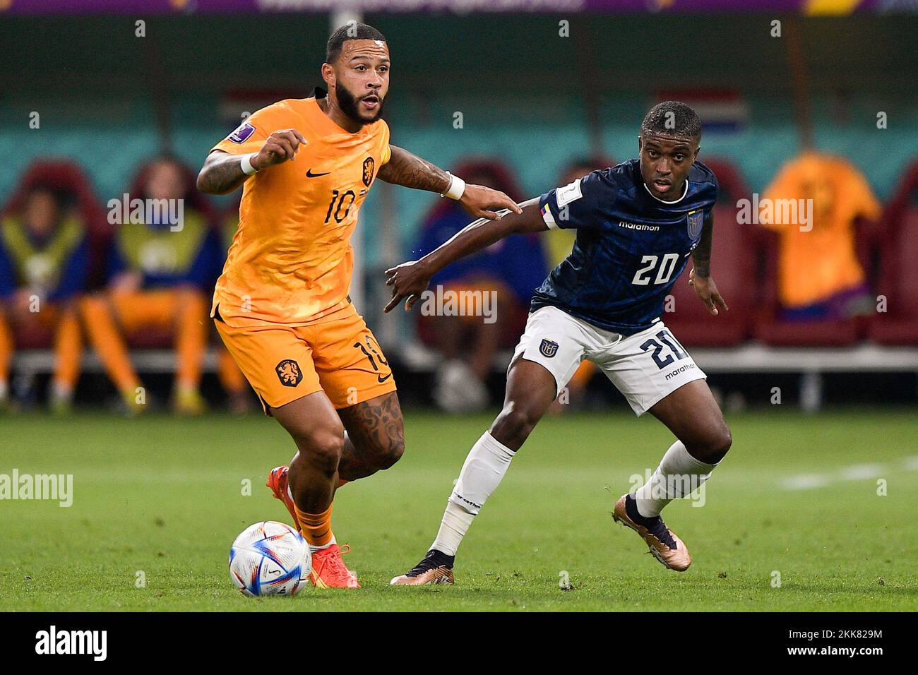DOHA, QATAR - NOVEMBER 25: Memphis Depay of the Netherlands battles for ...