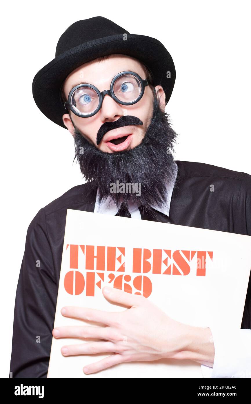 Funny Old Rock And Roll Man Holding Retro Vinyl Record In A Depiction ...