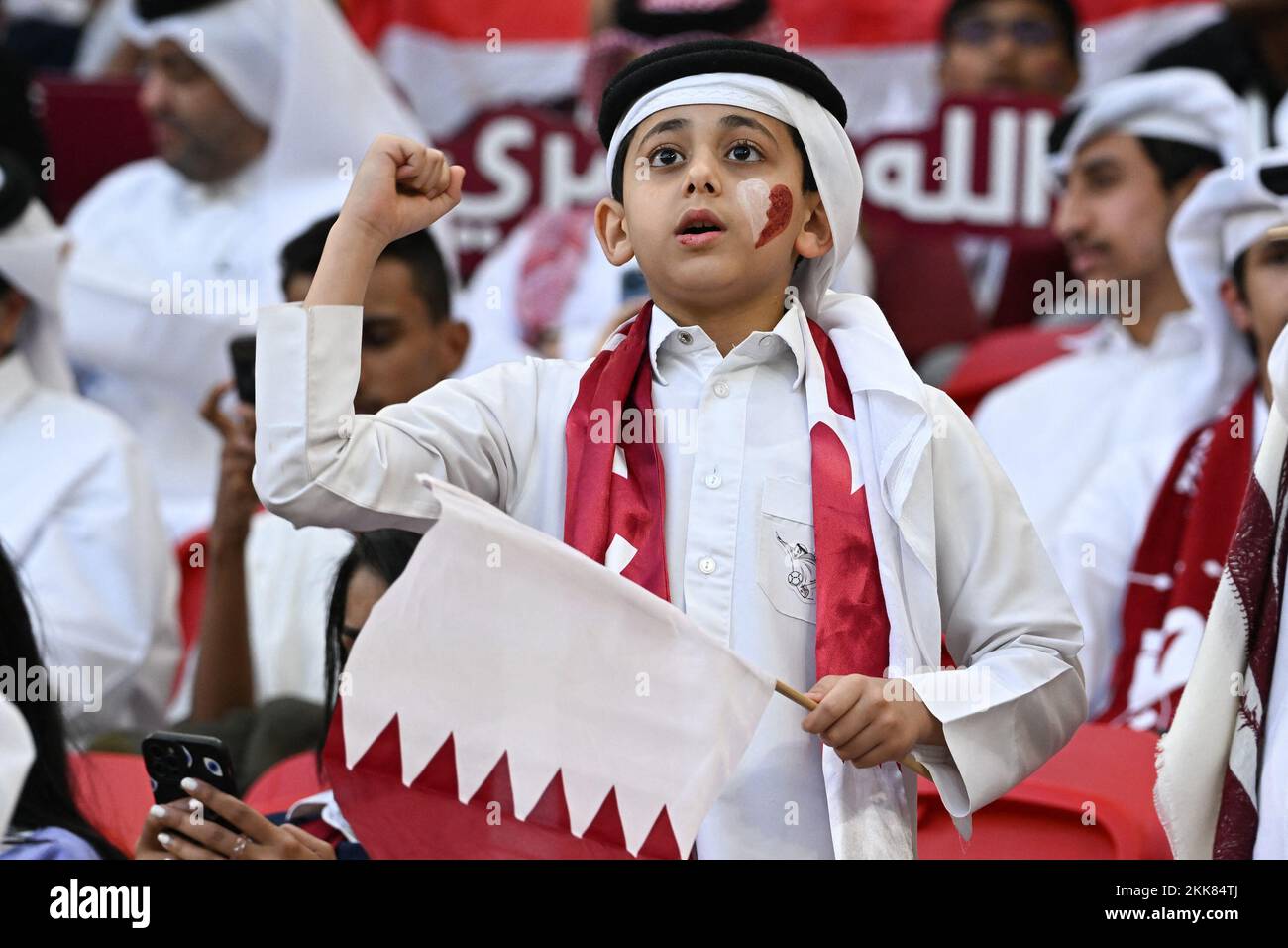 Qatari fans attend the Qatar v Senegal match of the Fifa World Cup ...