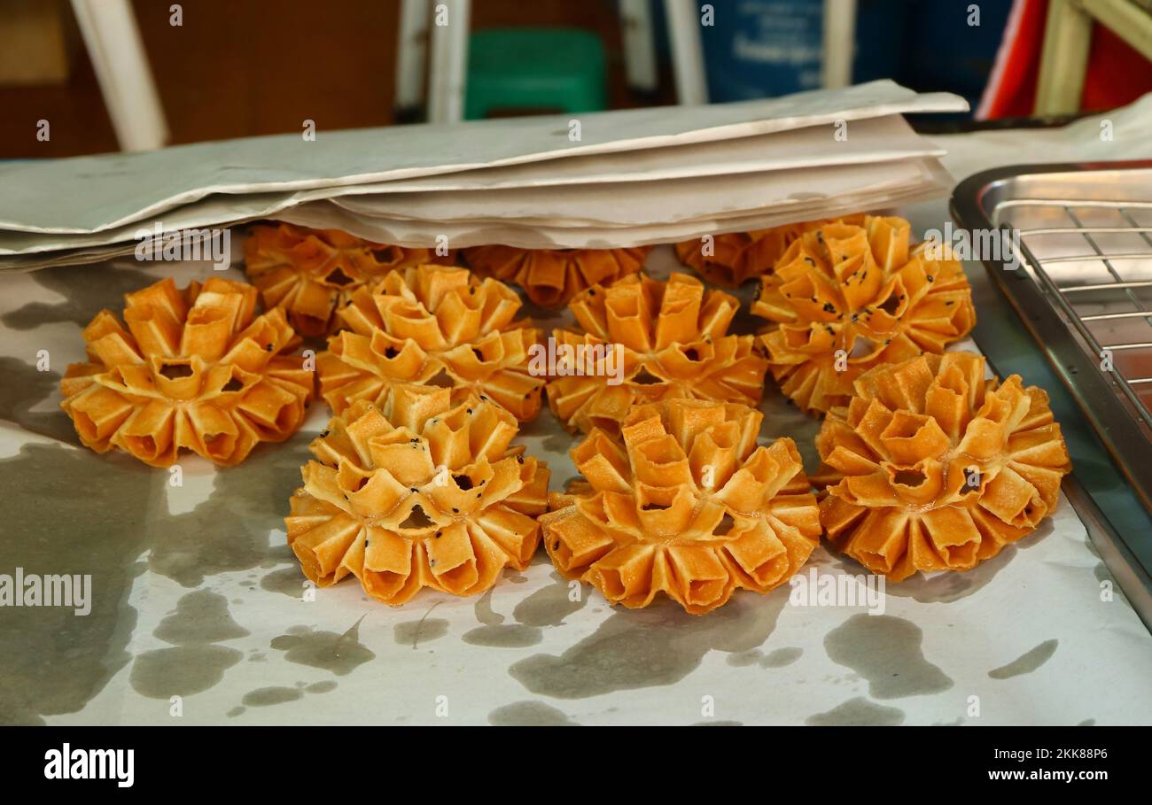 Rows of Freshly Fried Flower Shaped Thai Traditional Dessert Called ...