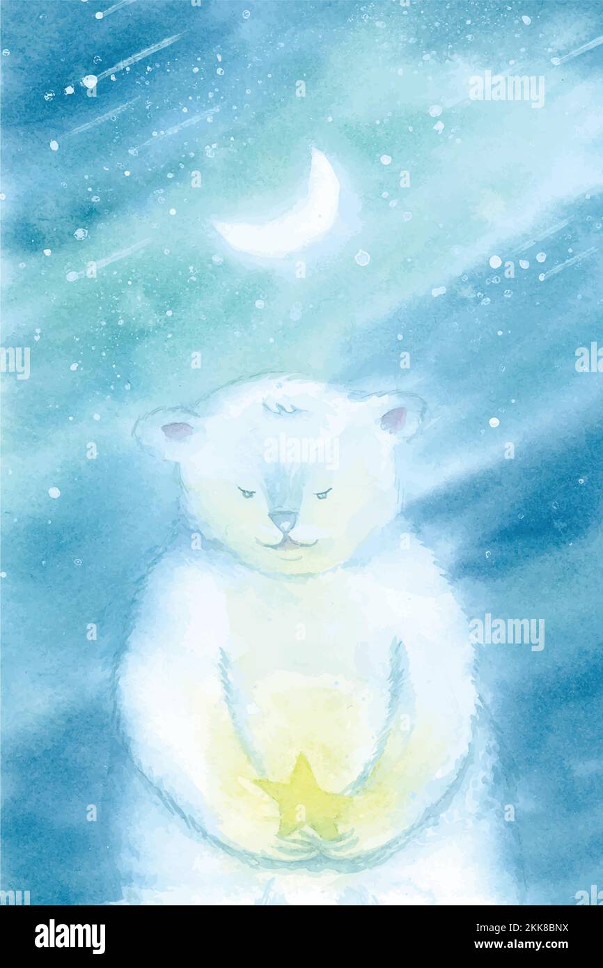 Cute polar bear with a bright star on hands and moon in the night sky ...