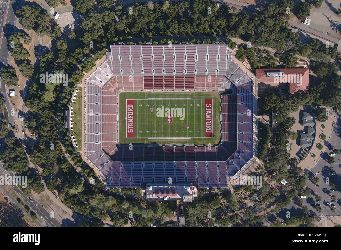 A general overall aerial view of the Stanford Stadium Football field ...