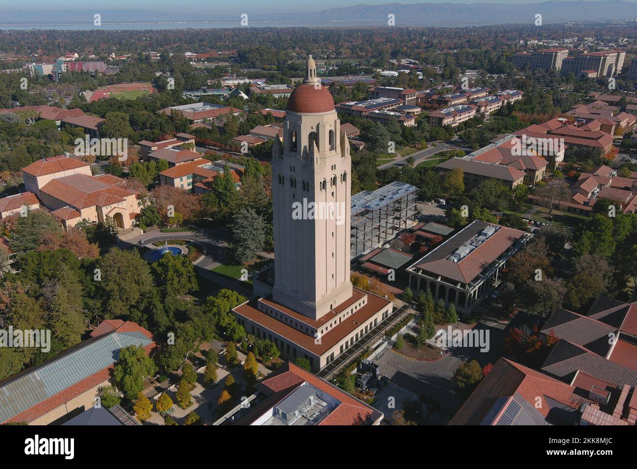 A general overall aerial view of Hoover Tower at Stanford University ...