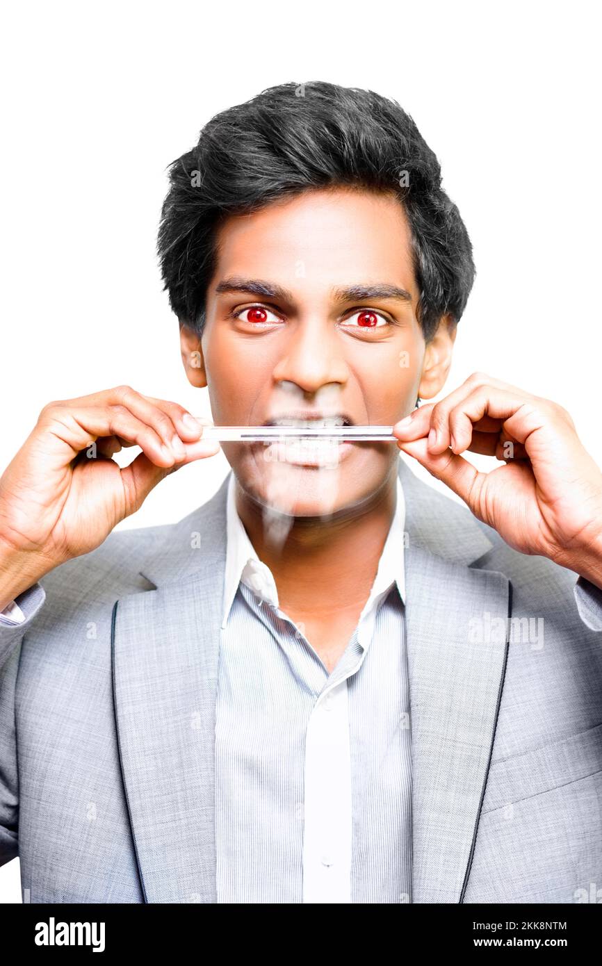 Business Person With Intense Wild Eyes Biting Down With Clenched Teeth