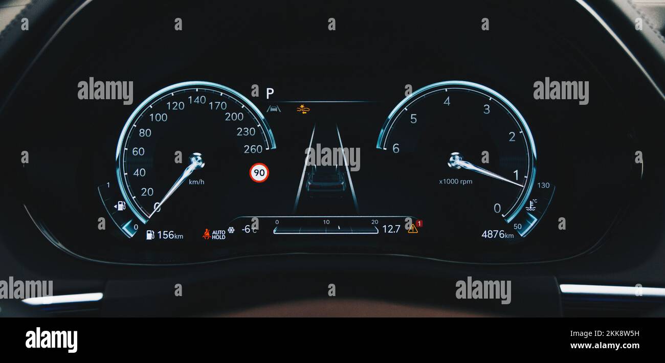 Modern digital car mileage. Car dashboard with sensors and information ...